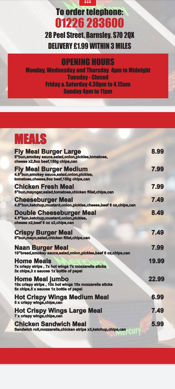 Menu at Mercury restaurant, Barnsley