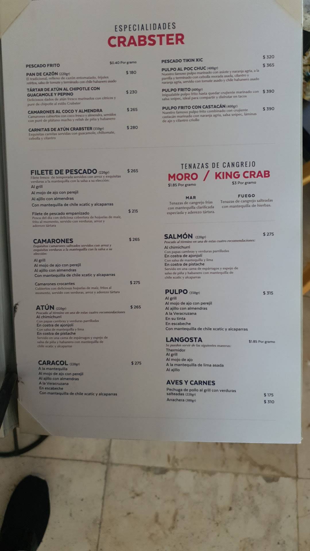 Carta del restaurante Crabster, Merida