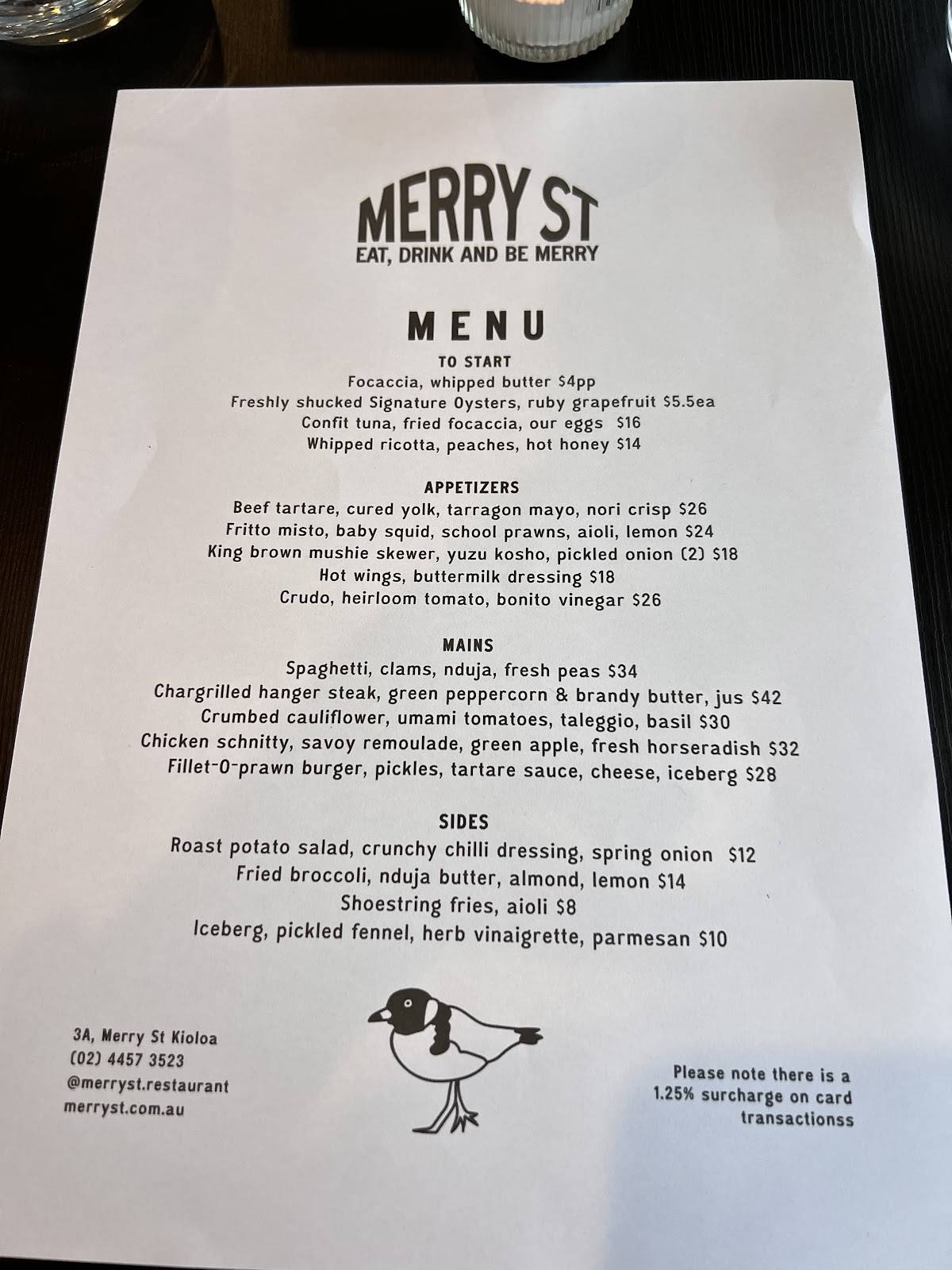 Menu at Merry St Restaurant, Kioloa