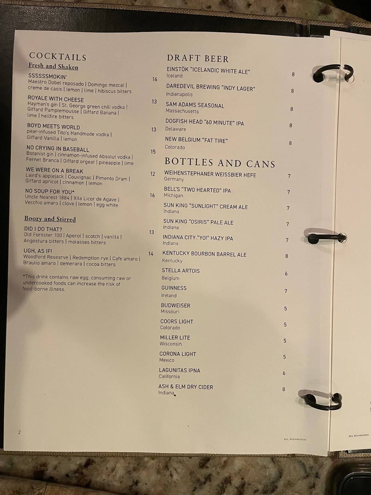 Menu at Mesh steakhouse, Indianapolis