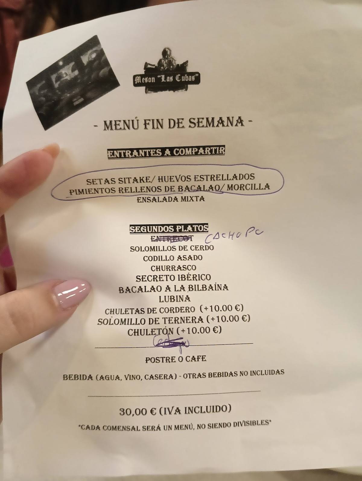 Carta del restaurante Mesón Las Cubas, Valmojado