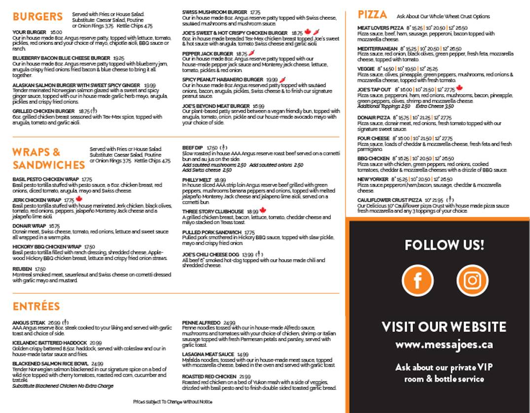Menu at Messa Joe's Taphouse & Grill pub & bar, Edmonton