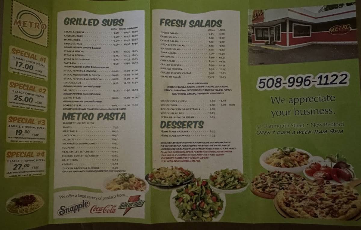 Menu at Metro Pizza pizzeria, New Bedford, 32 Dartmouth St