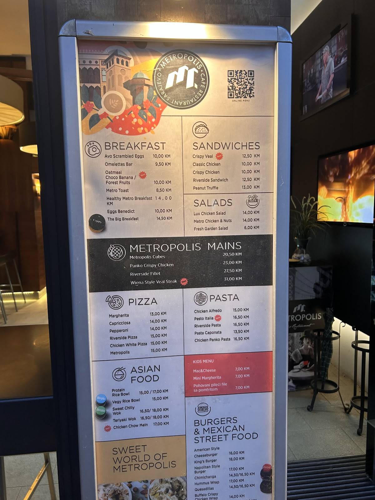 Menu at Metropolis Titova restaurant, Sarajevo, Maršala Tita 21