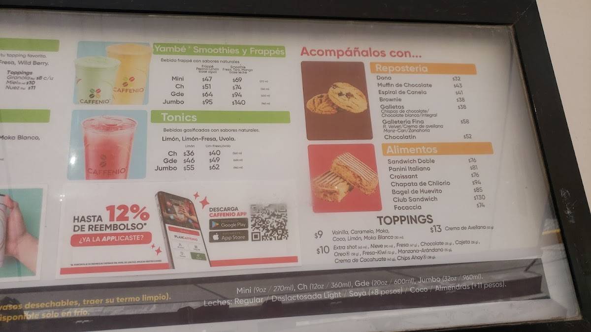 Carta de cafetería CAFFENIO Calzada Cetys, Mexicali