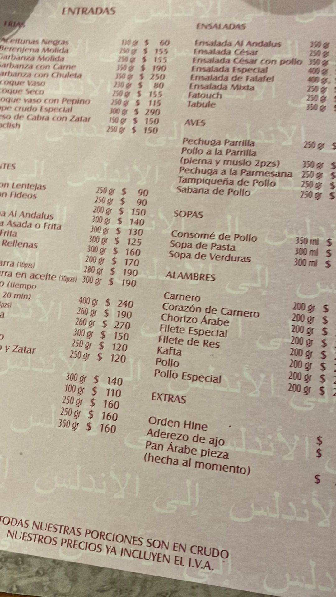 Carta del restaurante Al Andalus, Ciudad del México, Mesones 171 Nueva ...
