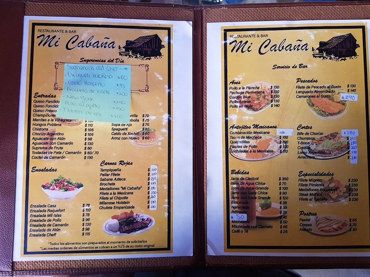 Carta del restaurante Mi Cabaña, Tequisquiapan