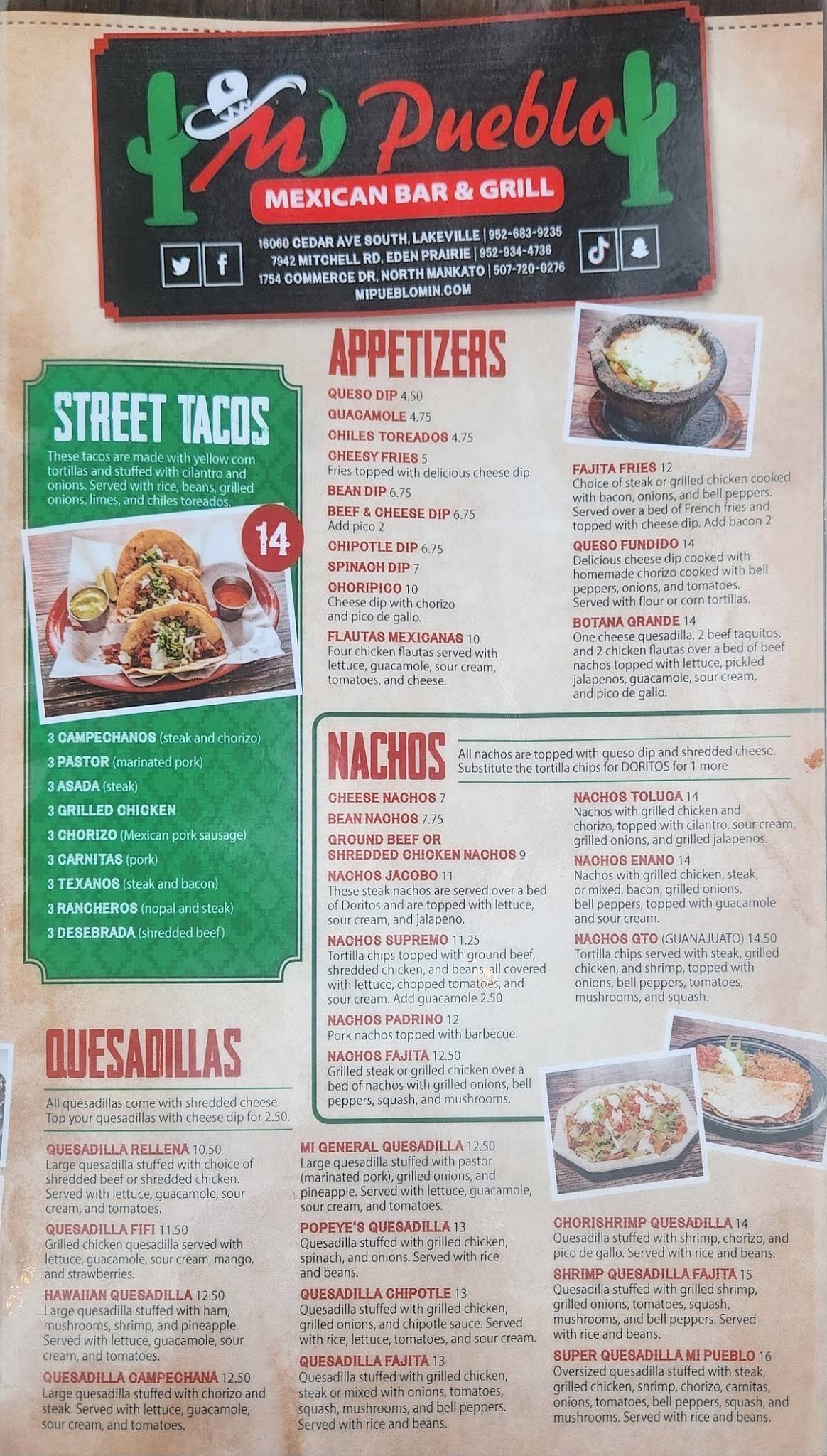 Menu at Mi Pueblo Eden Prairie restaurant, Eden Prairie