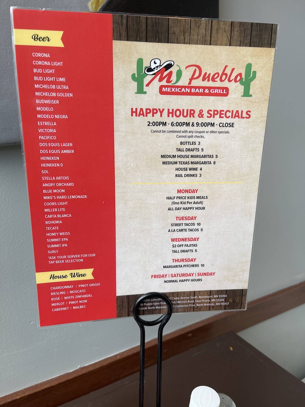 Menu at Mi Pueblo Eden Prairie restaurant, Eden Prairie