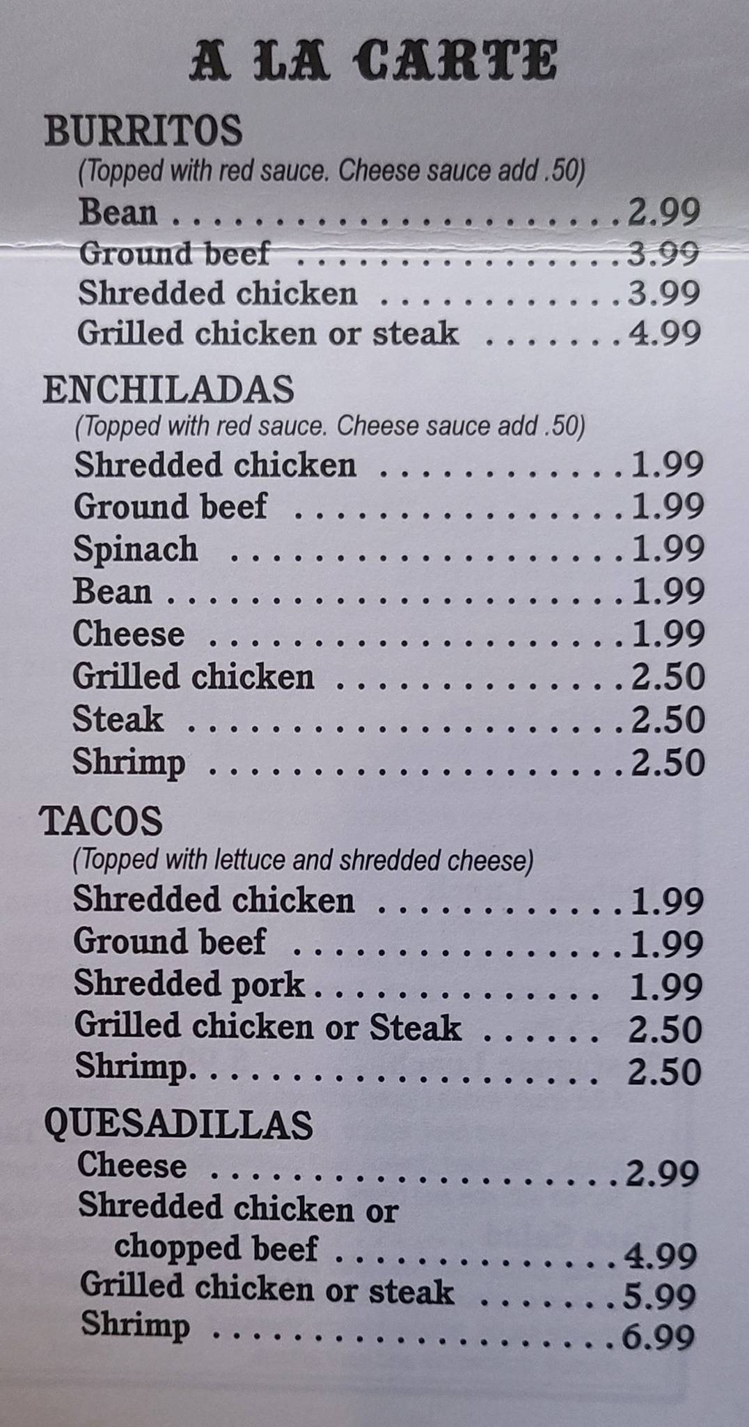 Menu at Mi Torito Carl Junction restaurant, Carl Junction