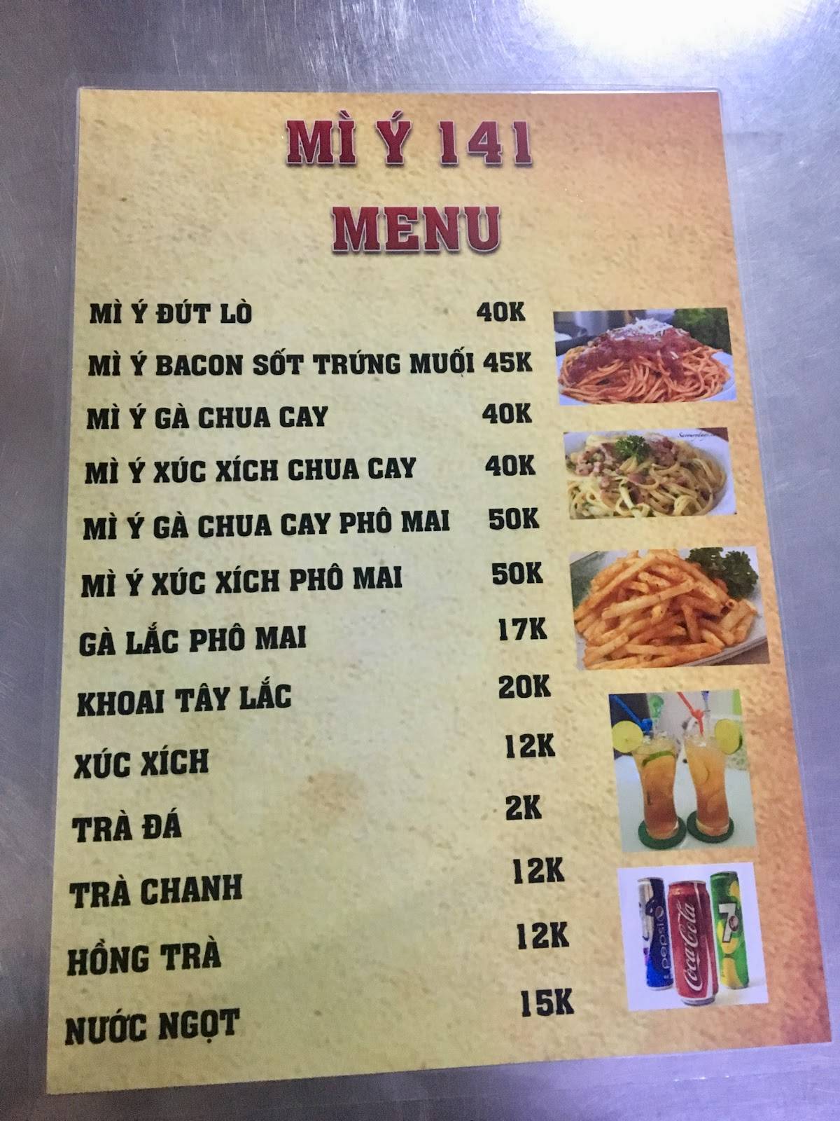 Menu at Mì Ý So Ciu restaurant, Ho Chi Minh City