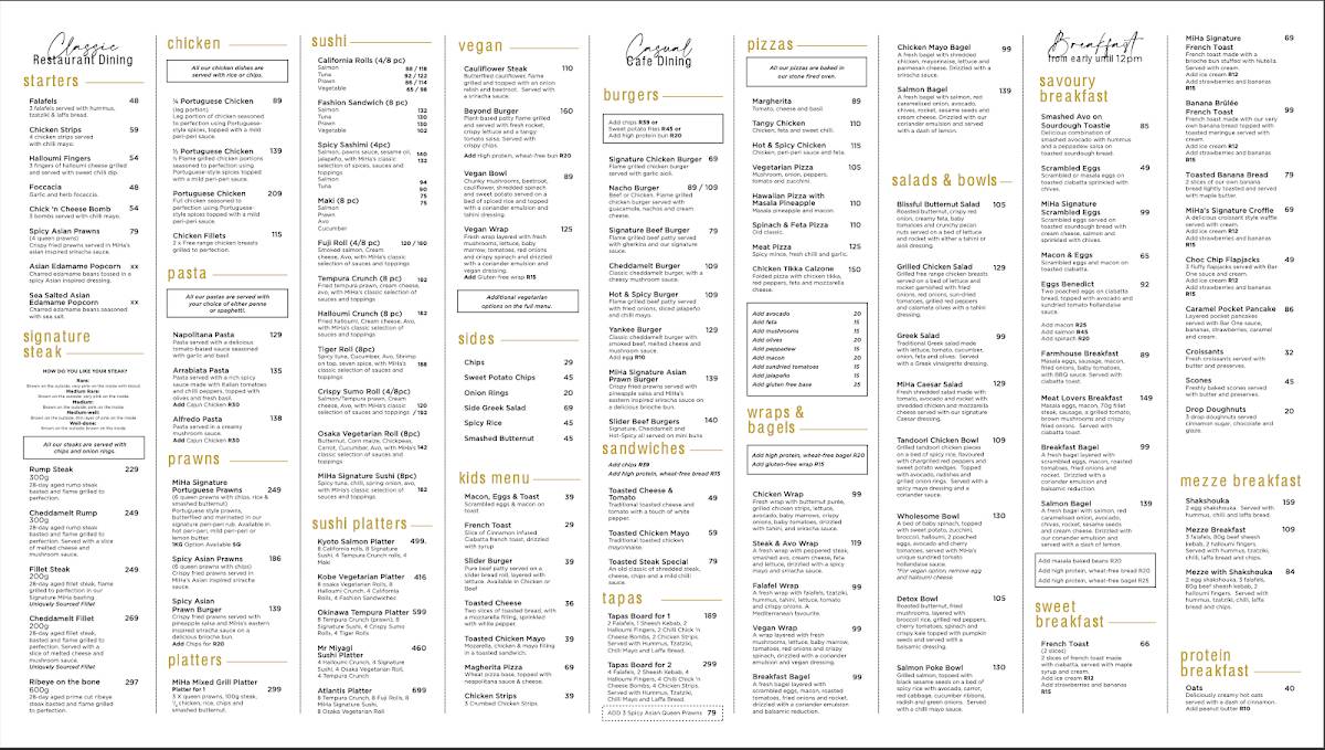 Menu at MiHa Melrose Arch restaurant, Johannesburg