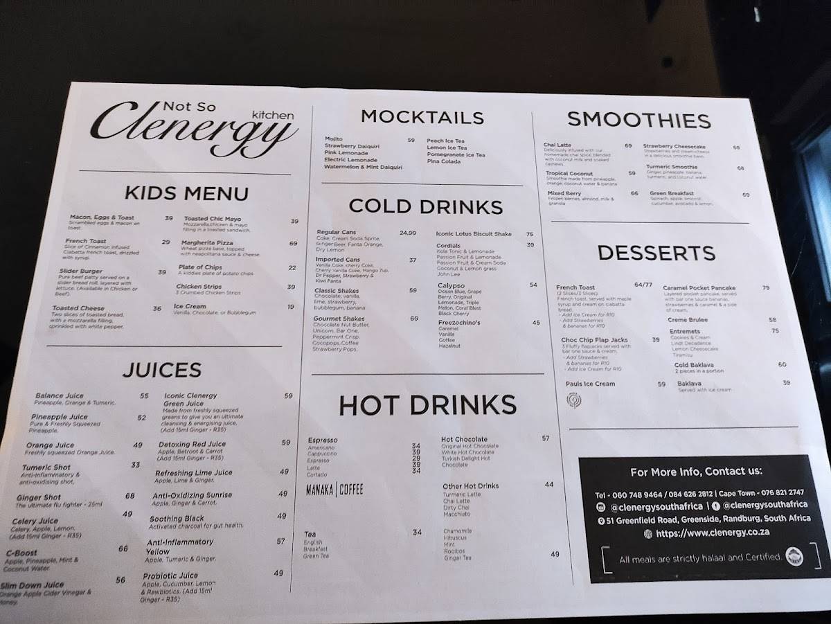 Menu at MiHa Melrose Arch restaurant, Johannesburg