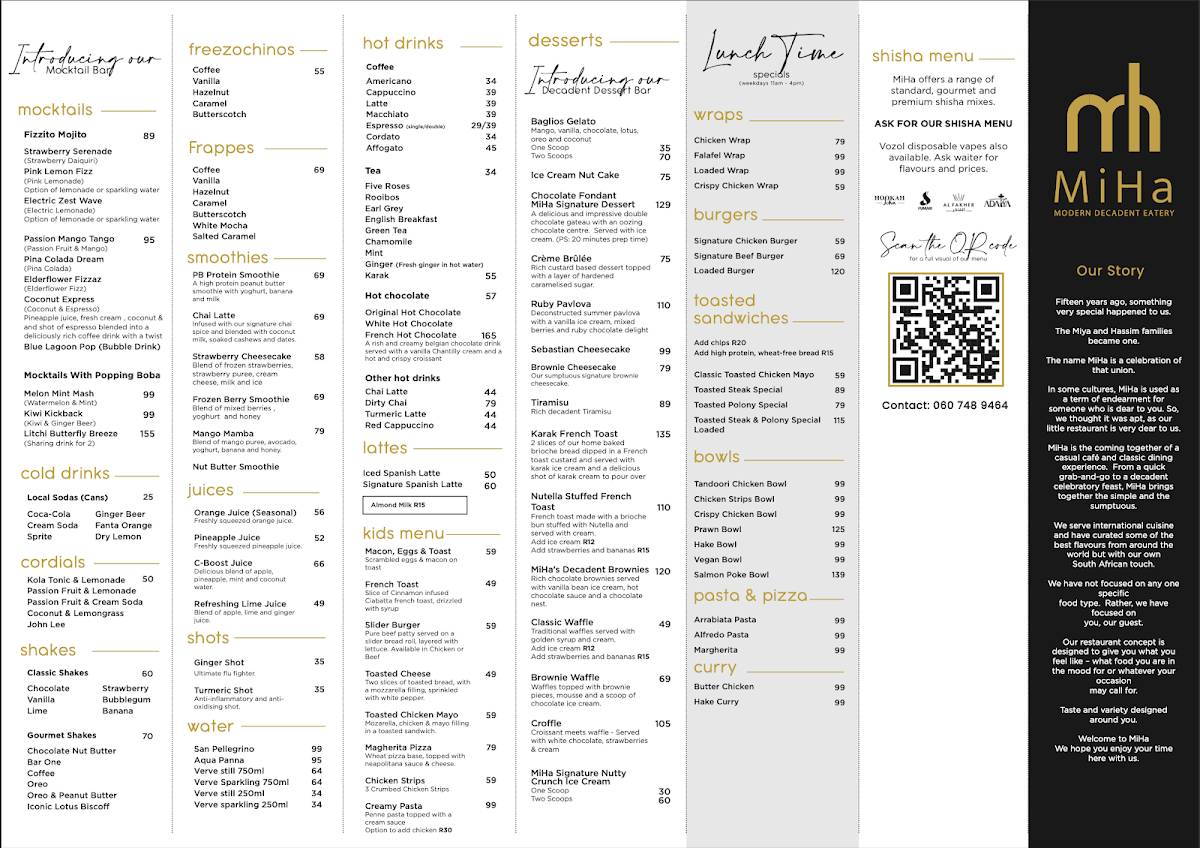 Menu at MiHa Melrose Arch restaurant, Johannesburg