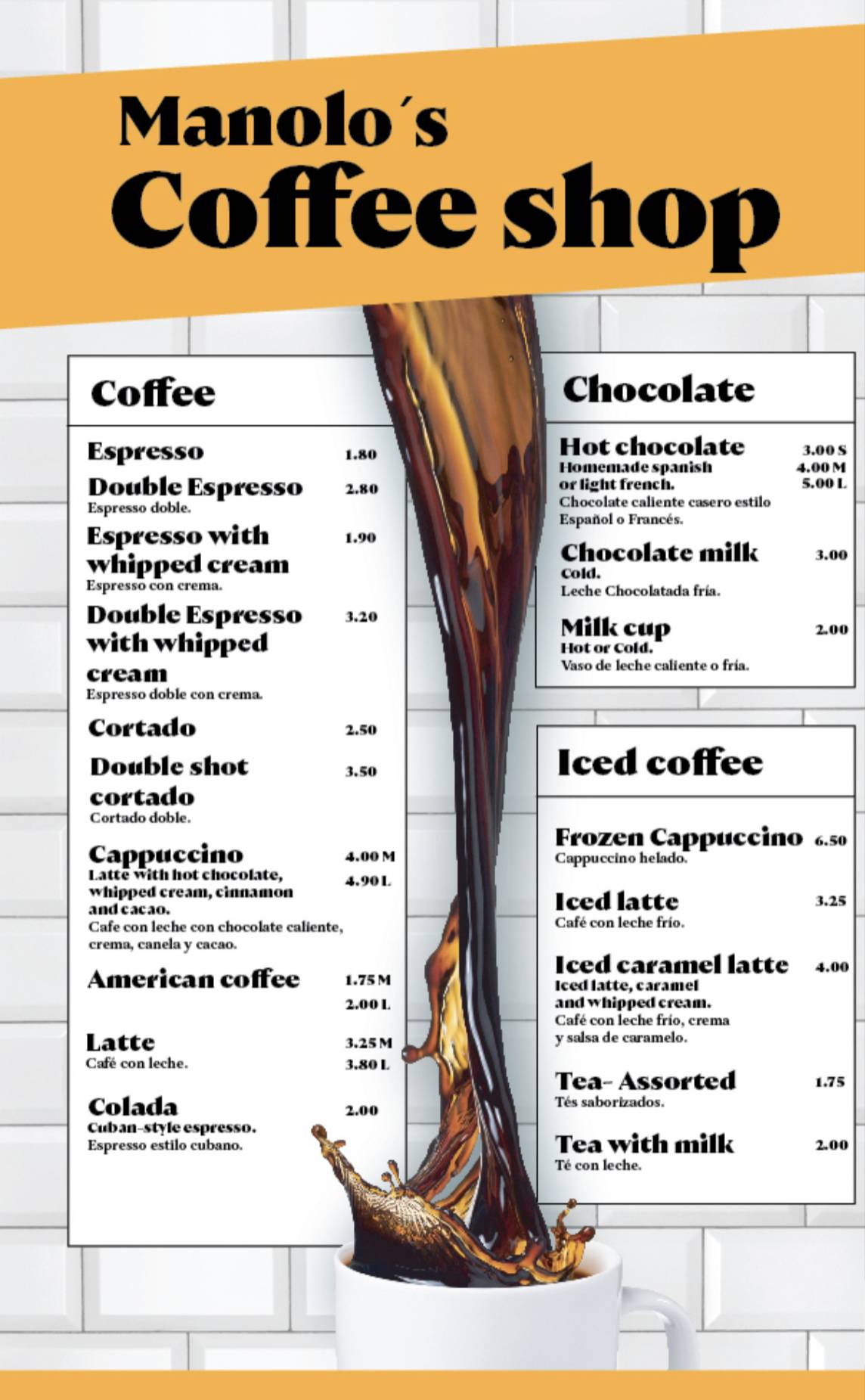 Menu at Manolo restaurant, Miami Beach, Collins Ave