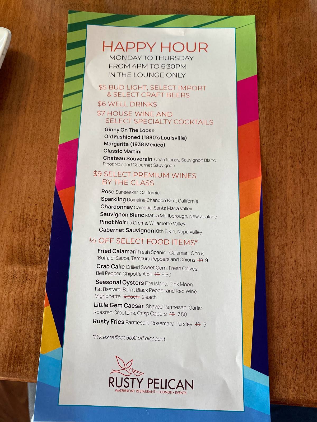 Menu at Rusty Pelican Miami restaurant, Miami, Rickenbacker Cswy