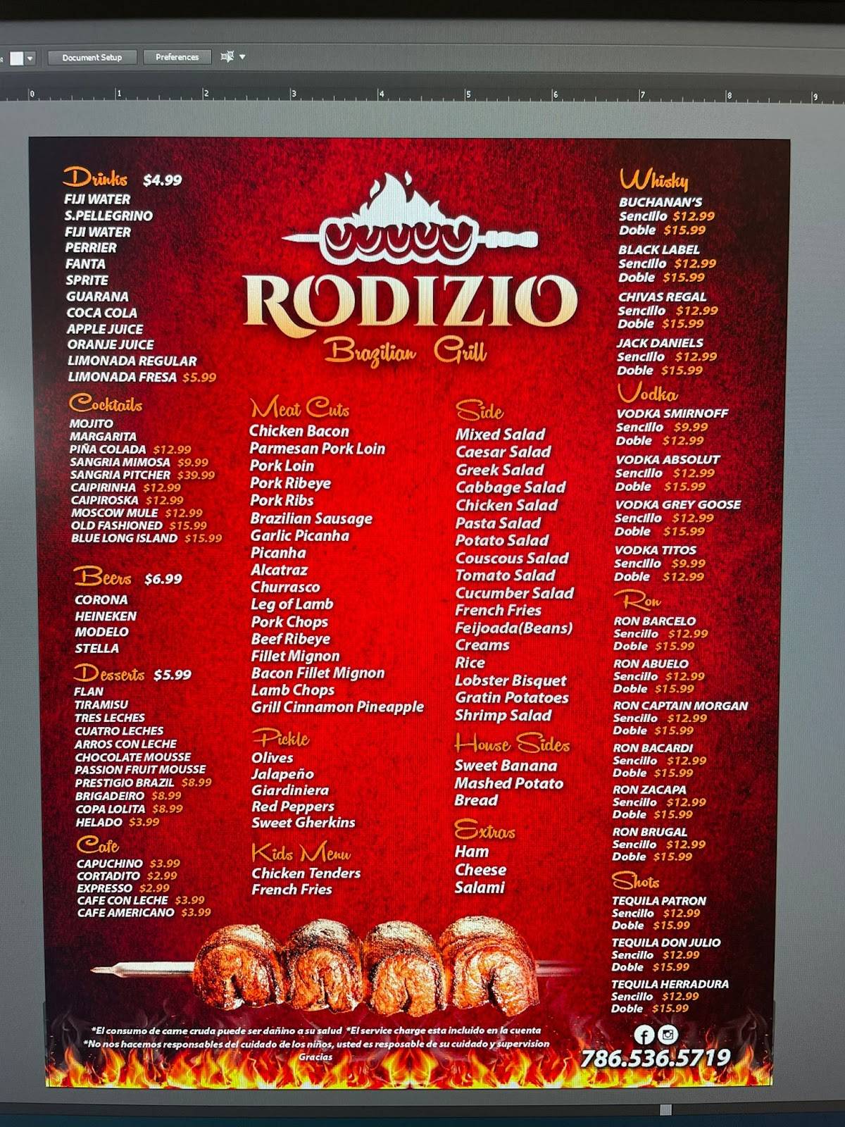 Menu at Miami to Brazil Rodizio steakhouse, Kendall West