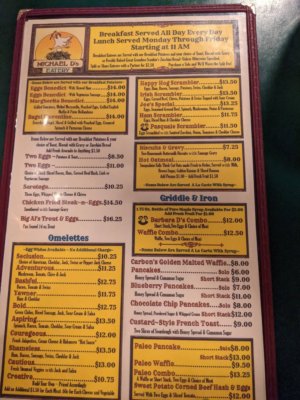 Menu at Michael D's Eatery restaurant, Coeur d'Alene