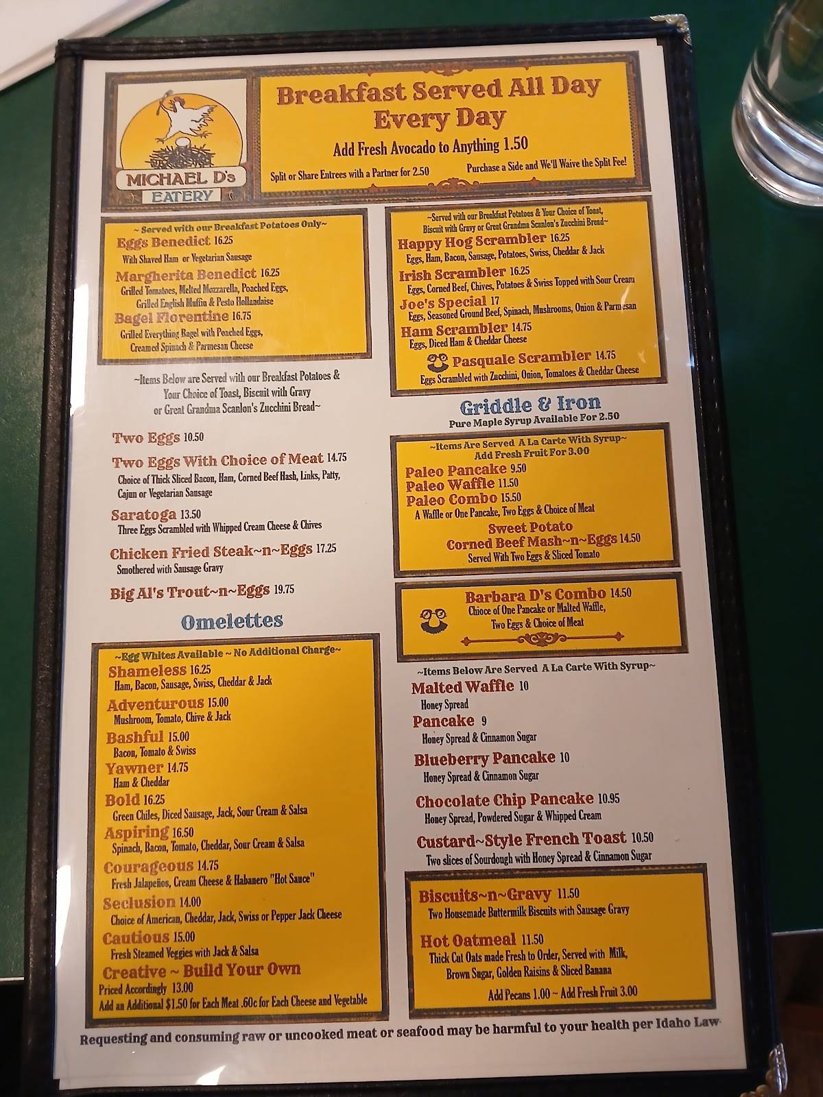 Menu at Michael D's Eatery restaurant, Coeur d'Alene
