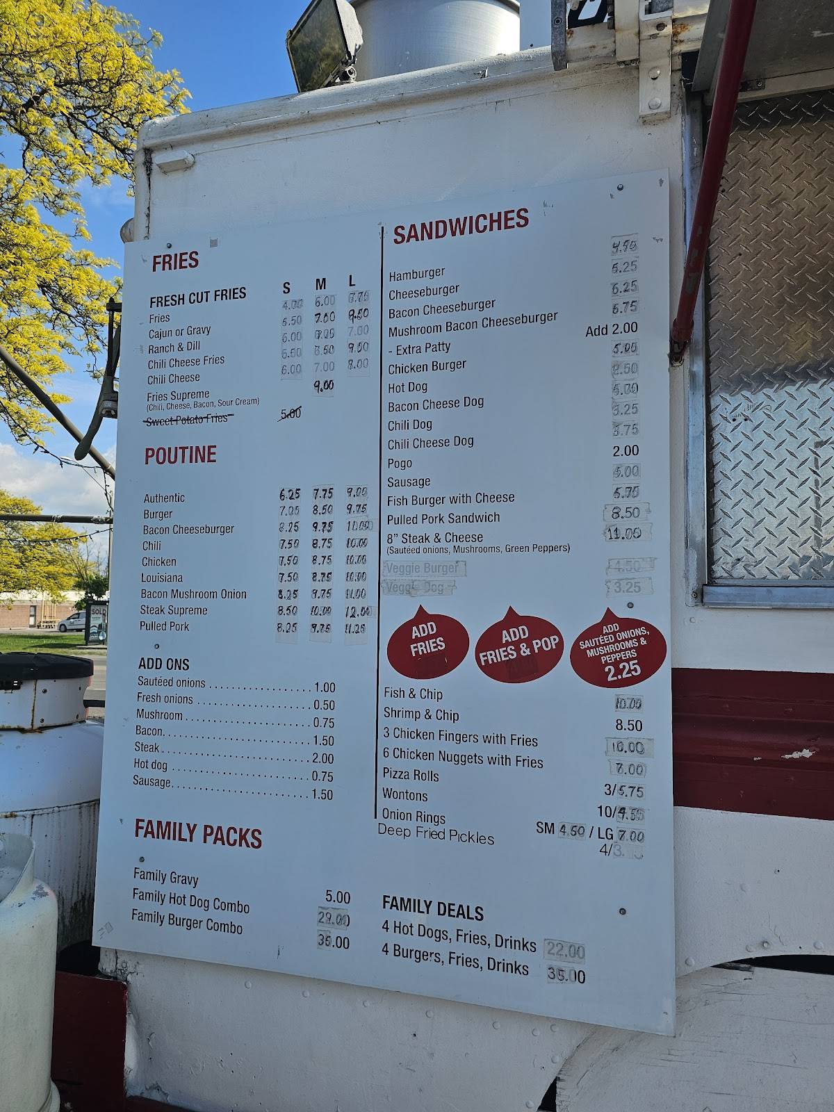 Menu at Michelle's Fries restaurant, Niagara Falls, Morrison St