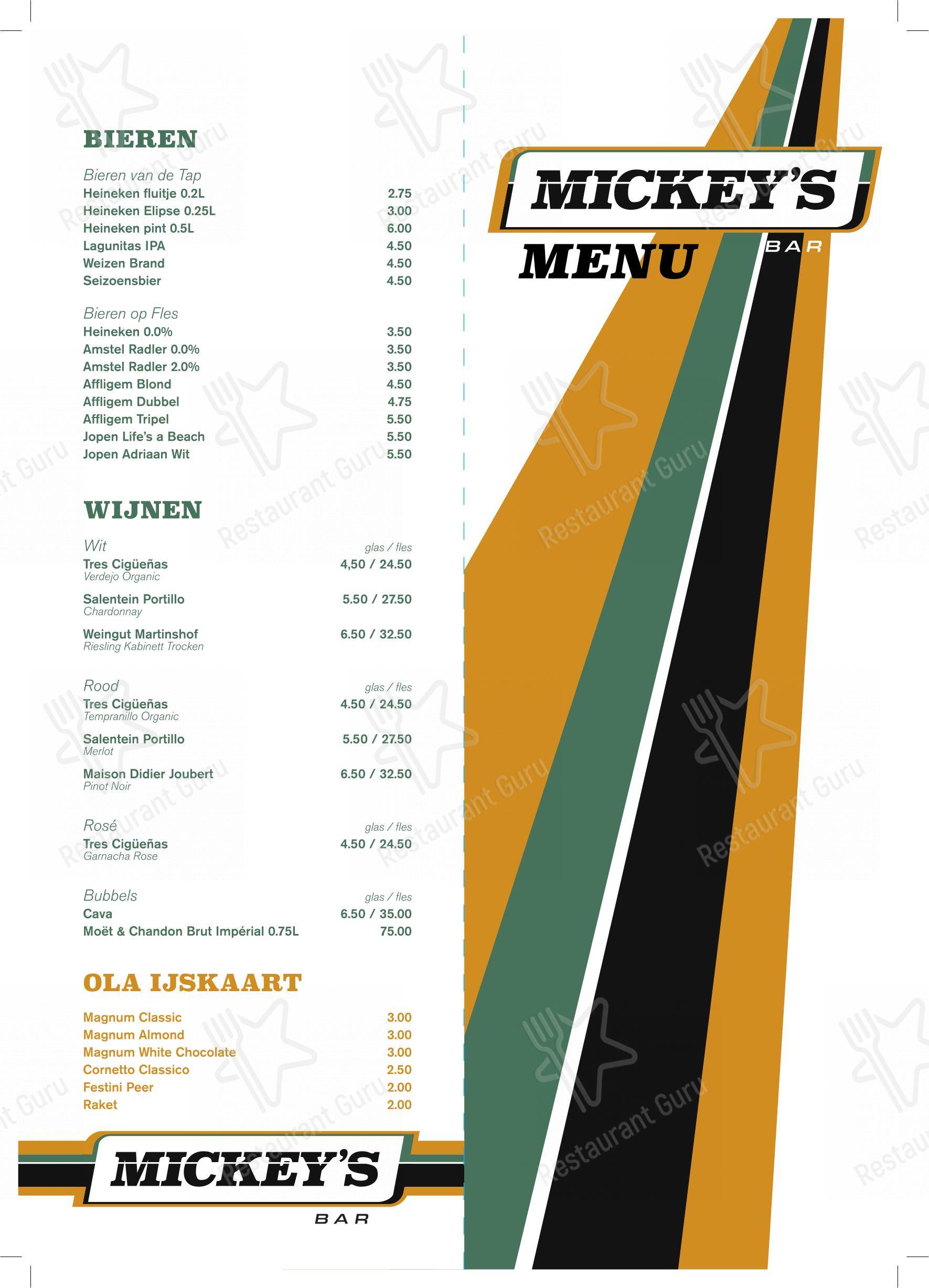 Carta de Mickey's Cafe / Bar, Zandvoort