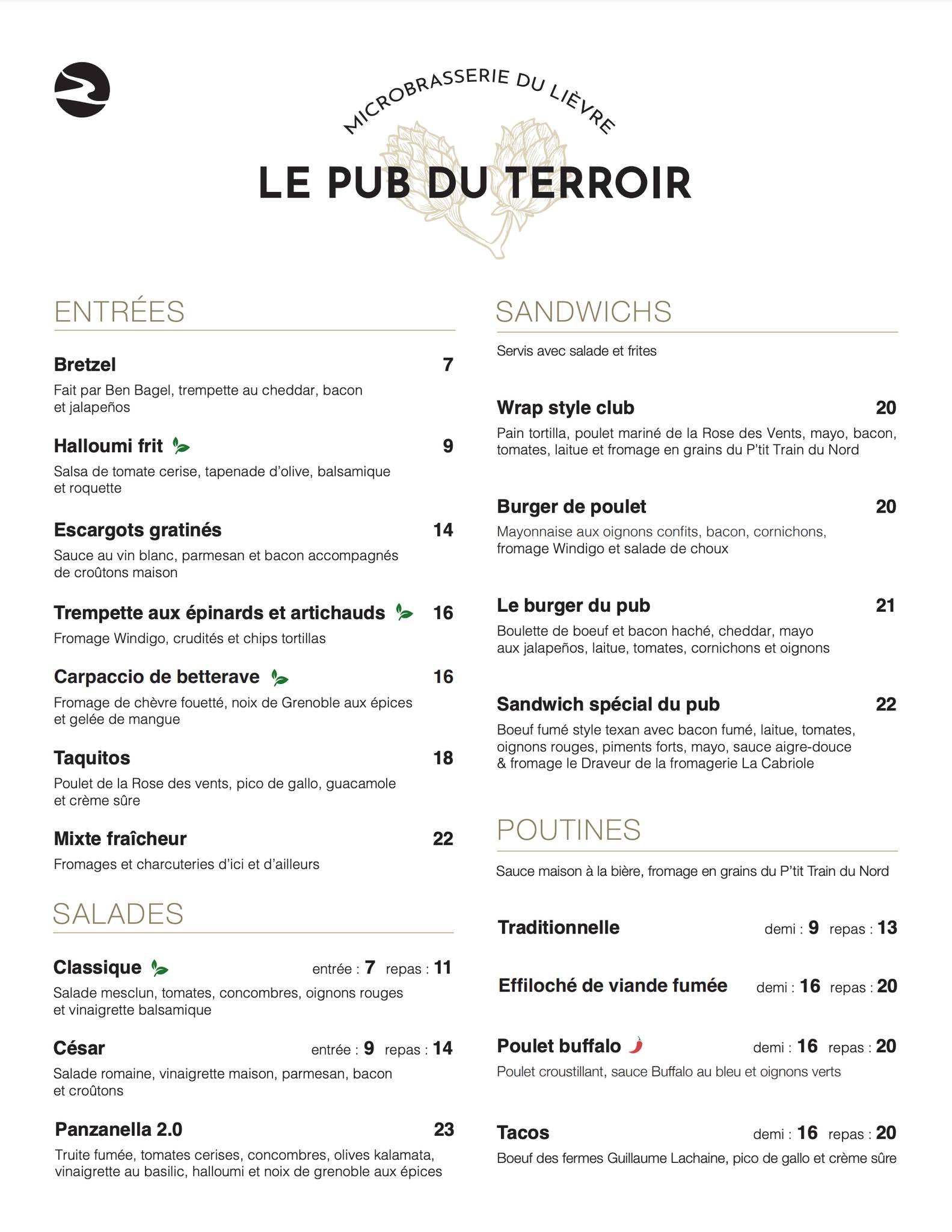 Menu au Microbrasserie Du Lièvre pub et bar, Mont-Laurier