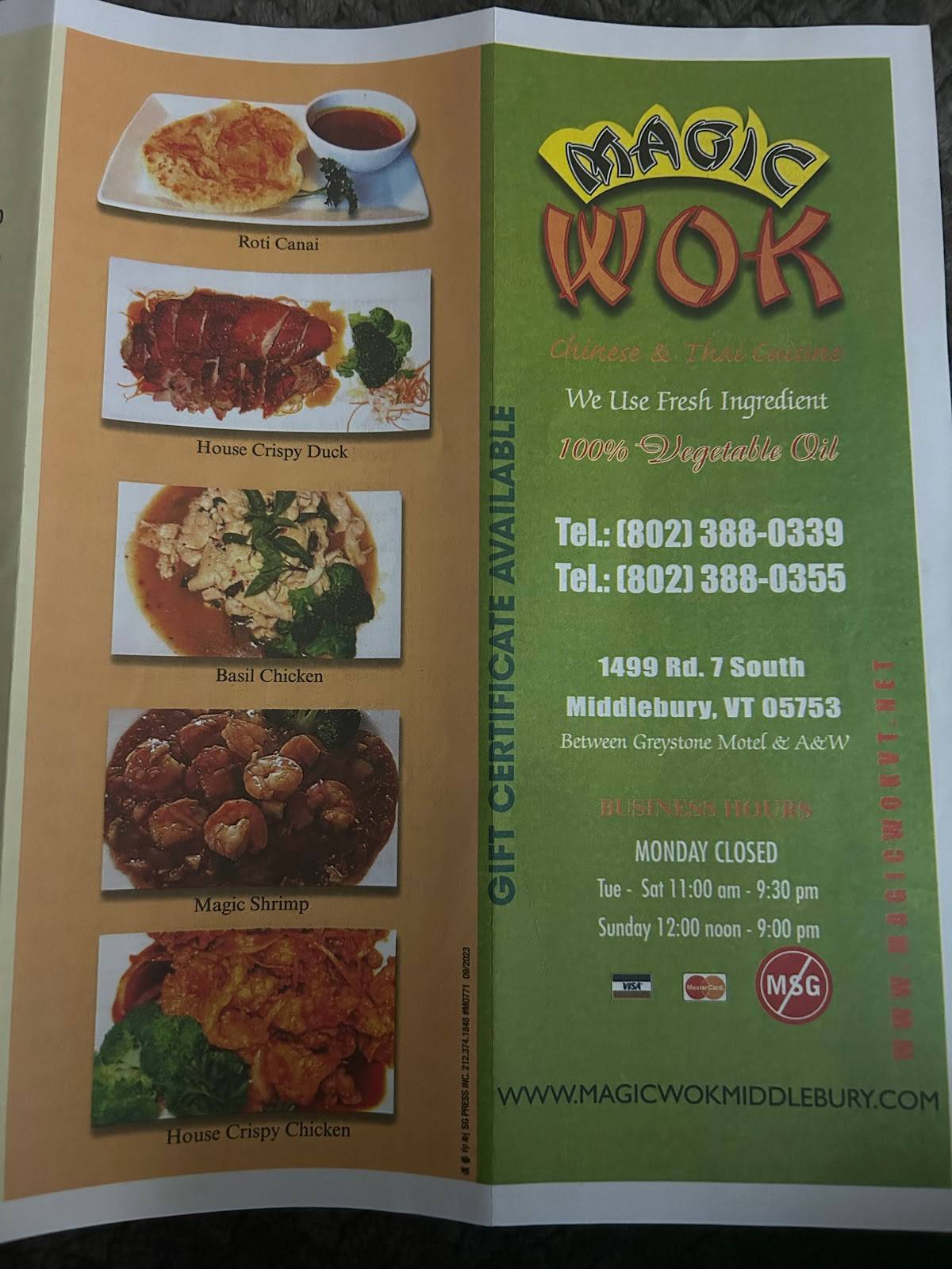 Menu at Magic Wok restaurant, Middlebury