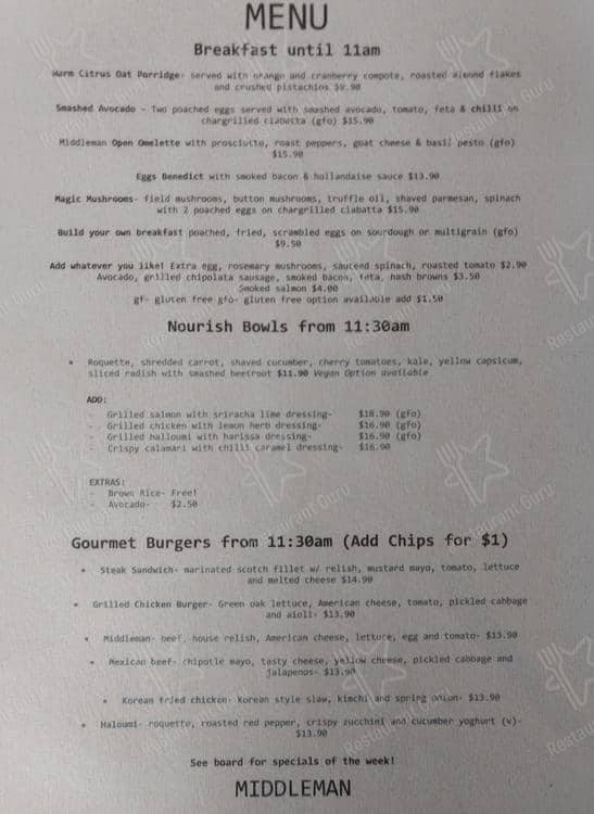 Menu at Middleman Caffeine Dealers restaurant, Scoresby