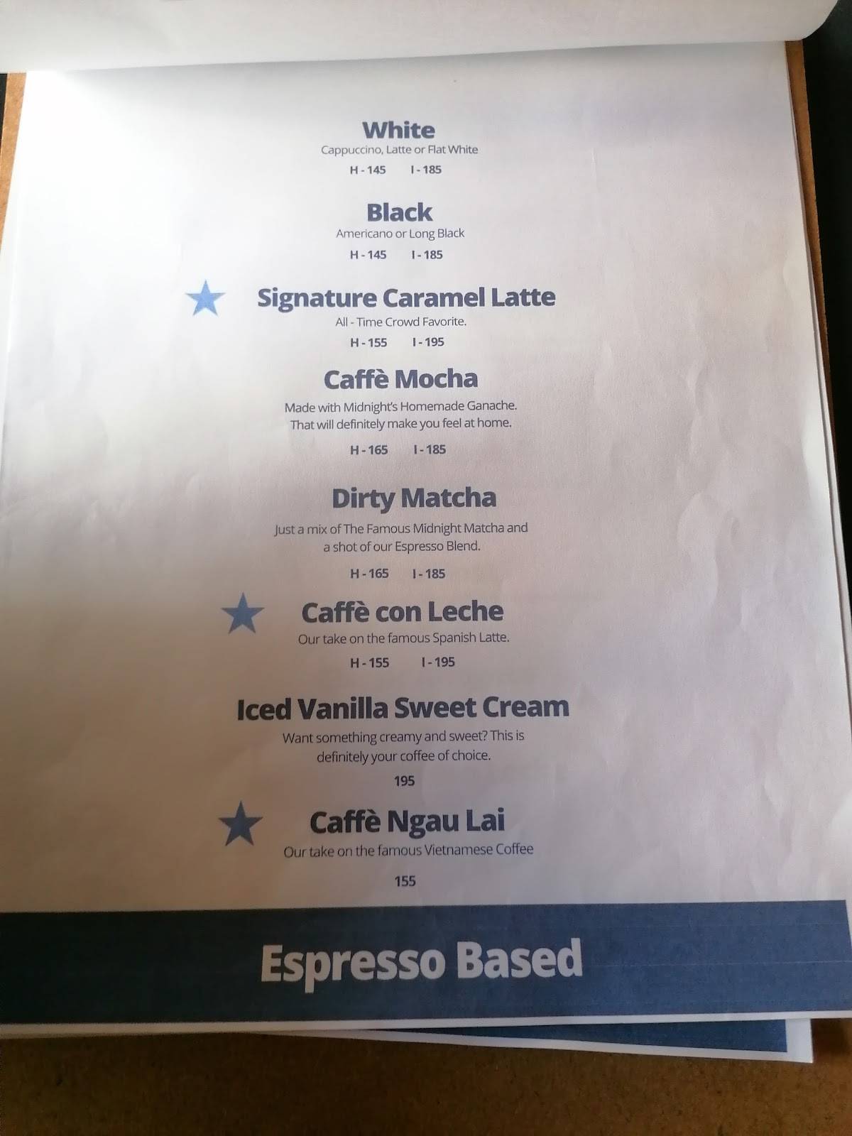 Menu at Midnight Coffee restaurant, Manila