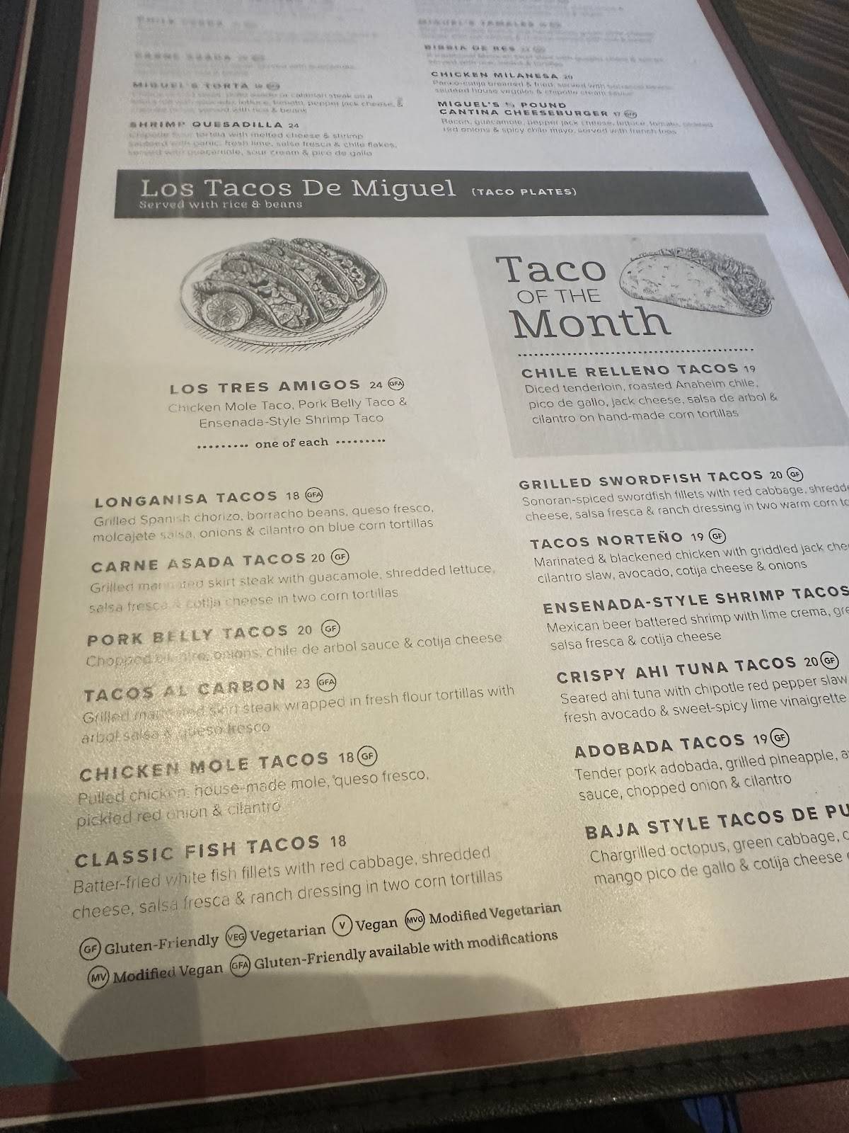 Menu at Miguel's Cocina 4S Ranch restaurant, San Diego, Craftsman Way