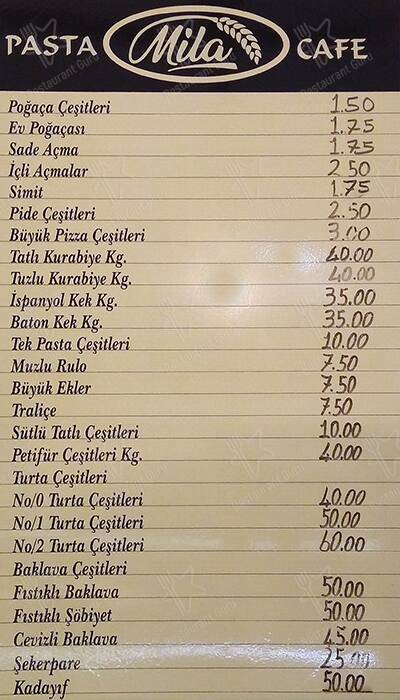 Menu at MİLA PASTANESİ, Istanbul