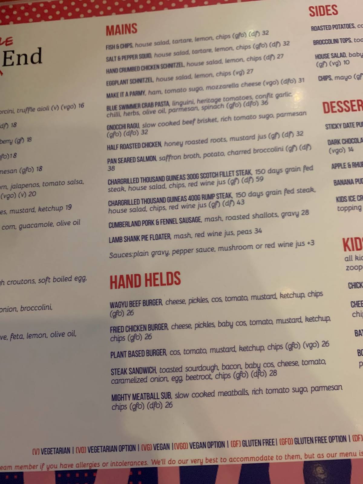 Menu at Mile End Hotel pub & bar, Mile End