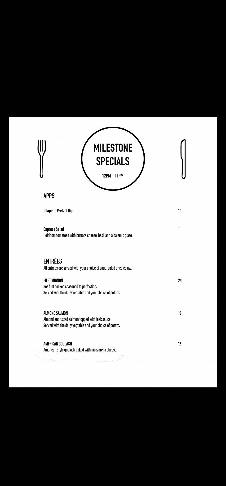 Menu at Milestone Grill pub & bar, Eastpointe