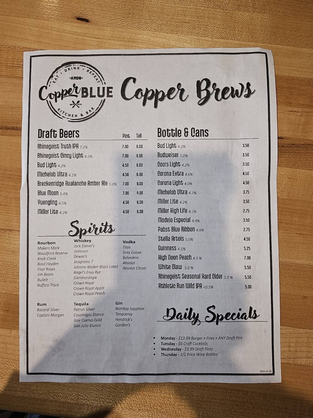 Menu at Copper Blue restaurant, Milford