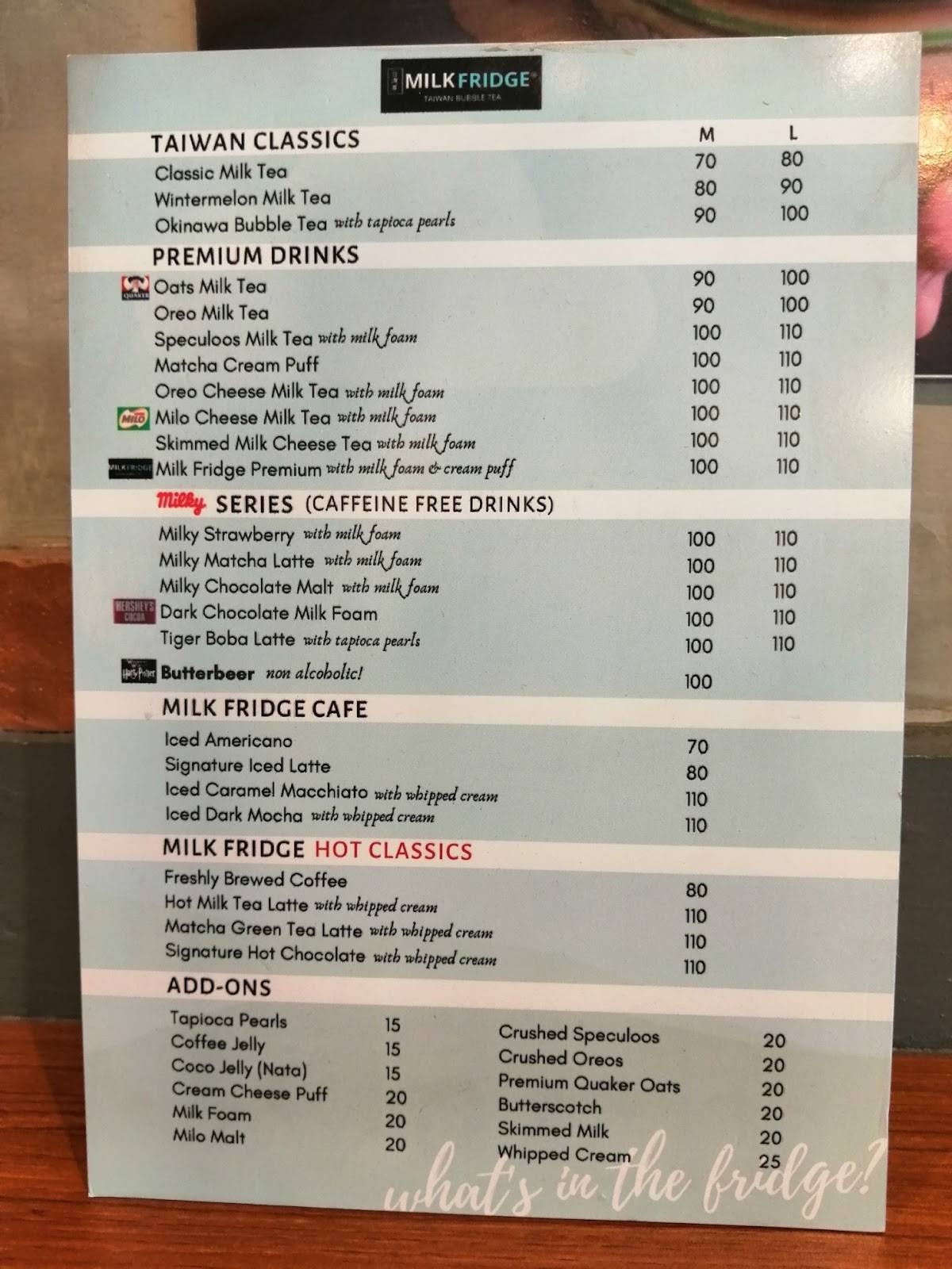 Menu at Milk Fridge Tarlac City, Tarlac City, 1 Romulo Blvd