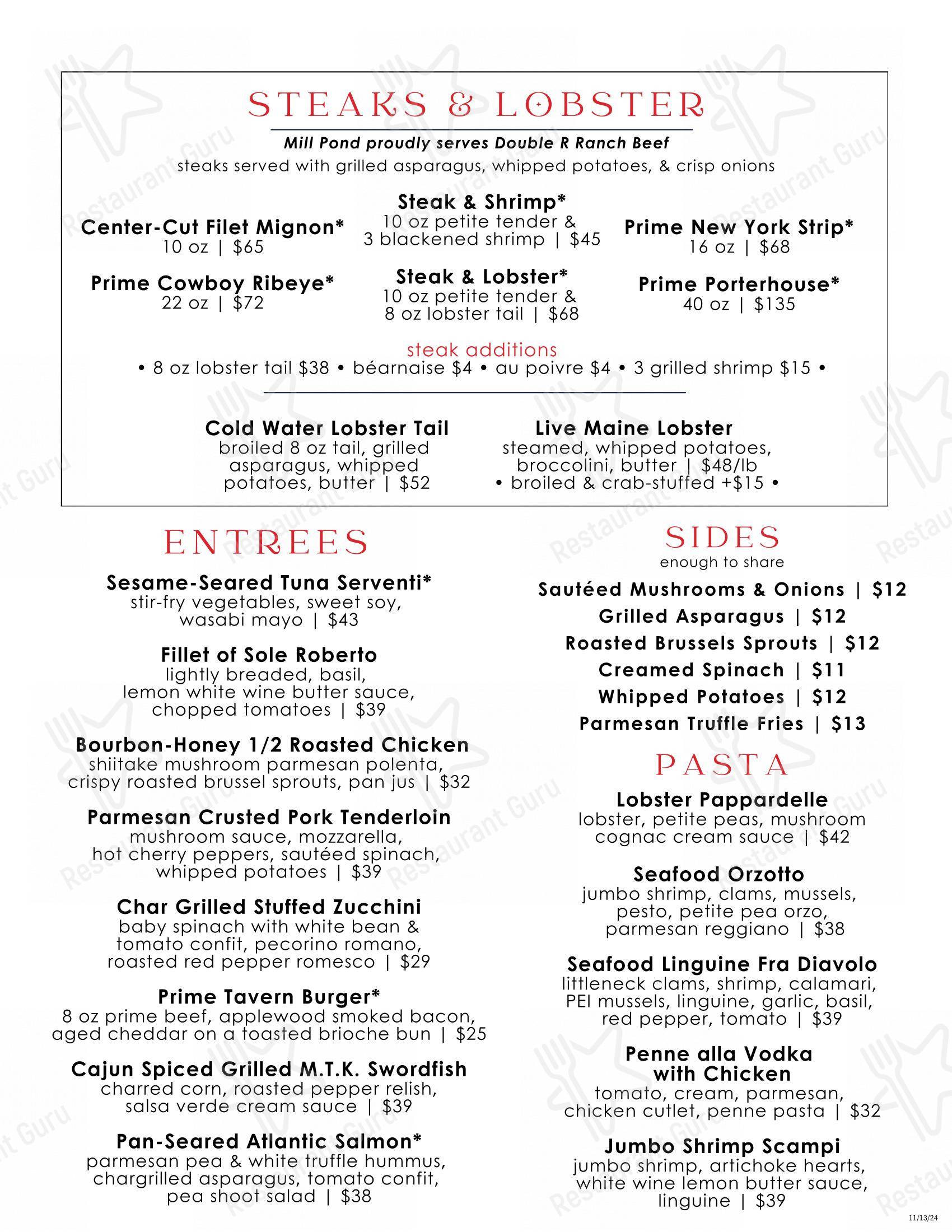 Menu at Mill Pond Steak & Seafood steakhouse, Centerport