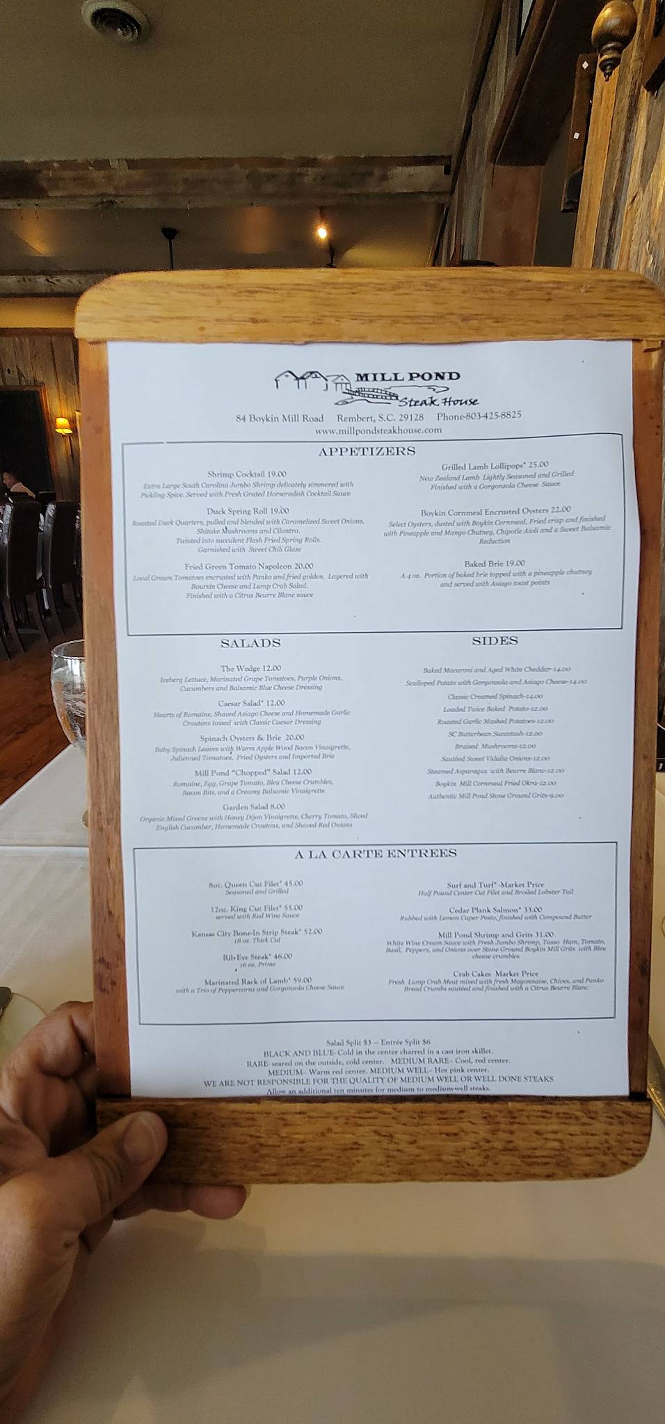 Menu at Mill Pond Steakhouse, Rembert