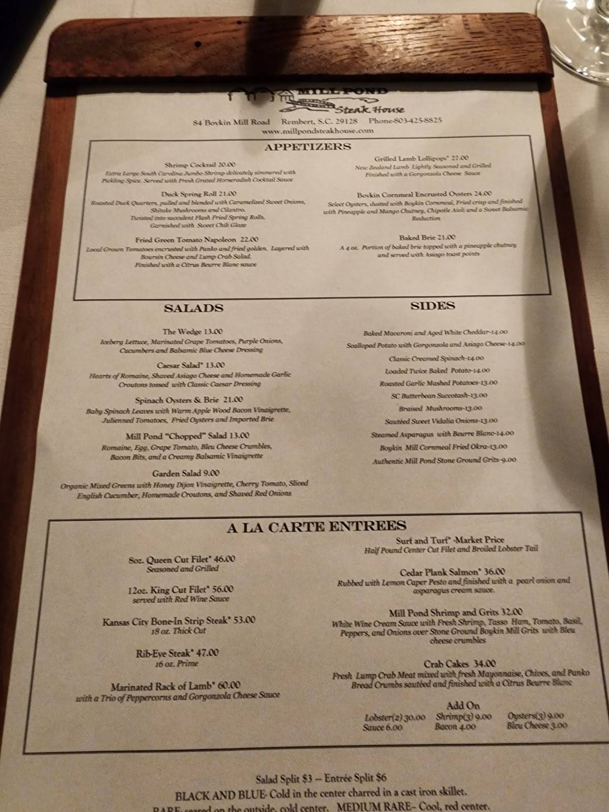 Menu at Mill Pond Steakhouse, Rembert