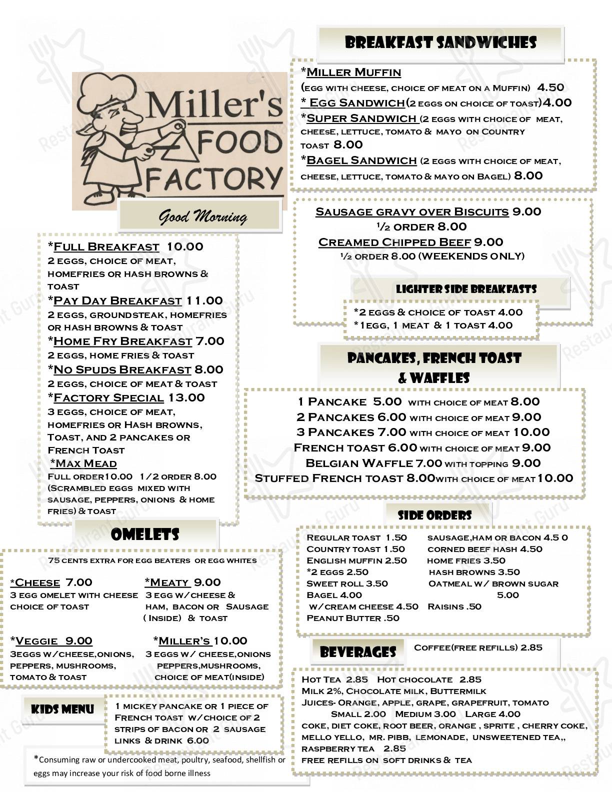 Menu at Miller's Food Factory restaurant, Conneaut Lake
