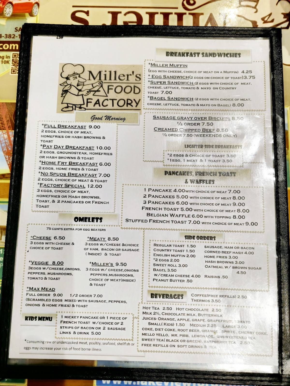 Menu at Miller's Food Factory restaurant, Conneaut Lake