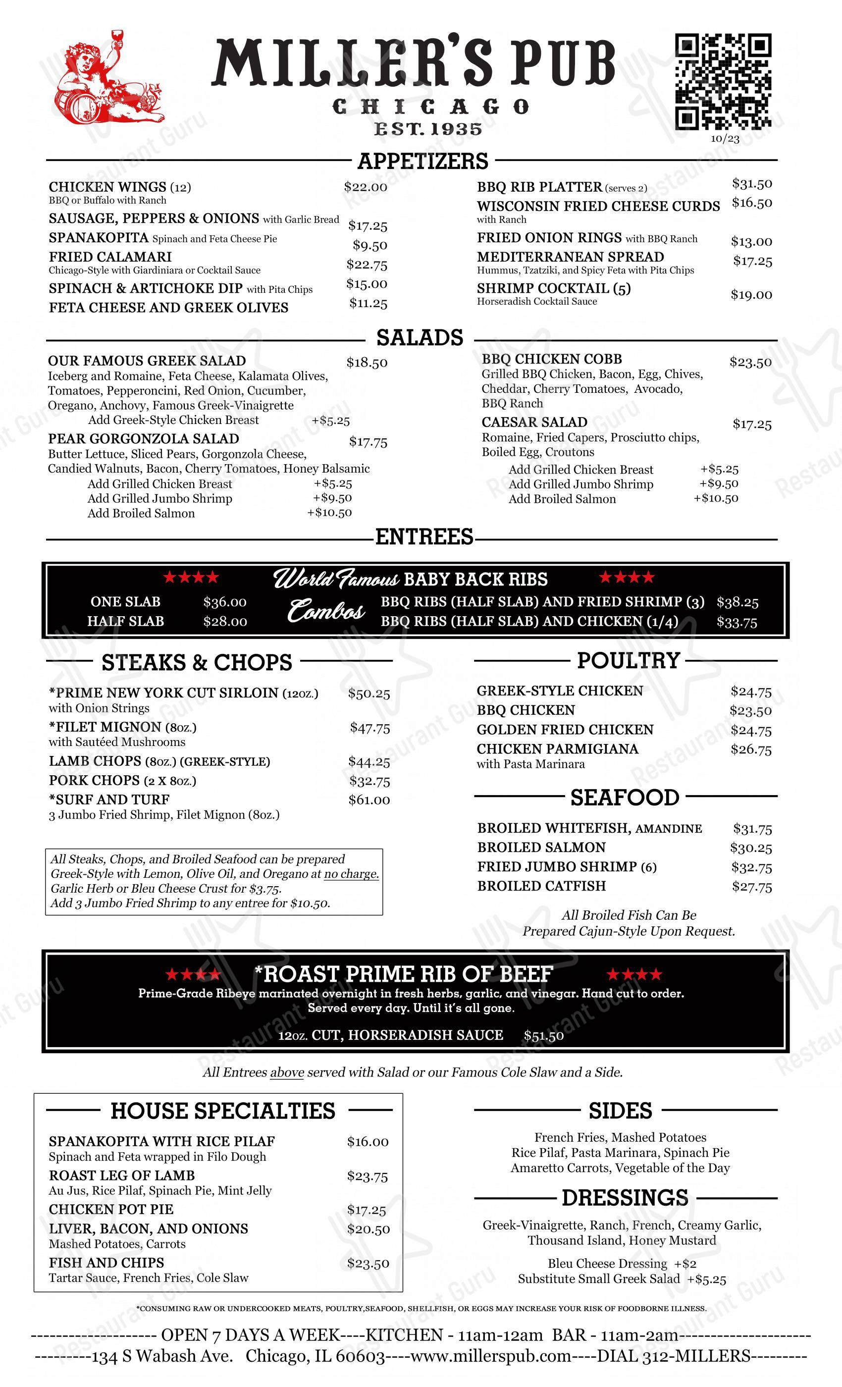 Menu at Miller's Pub, Chicago, 134 S Wabash Ave