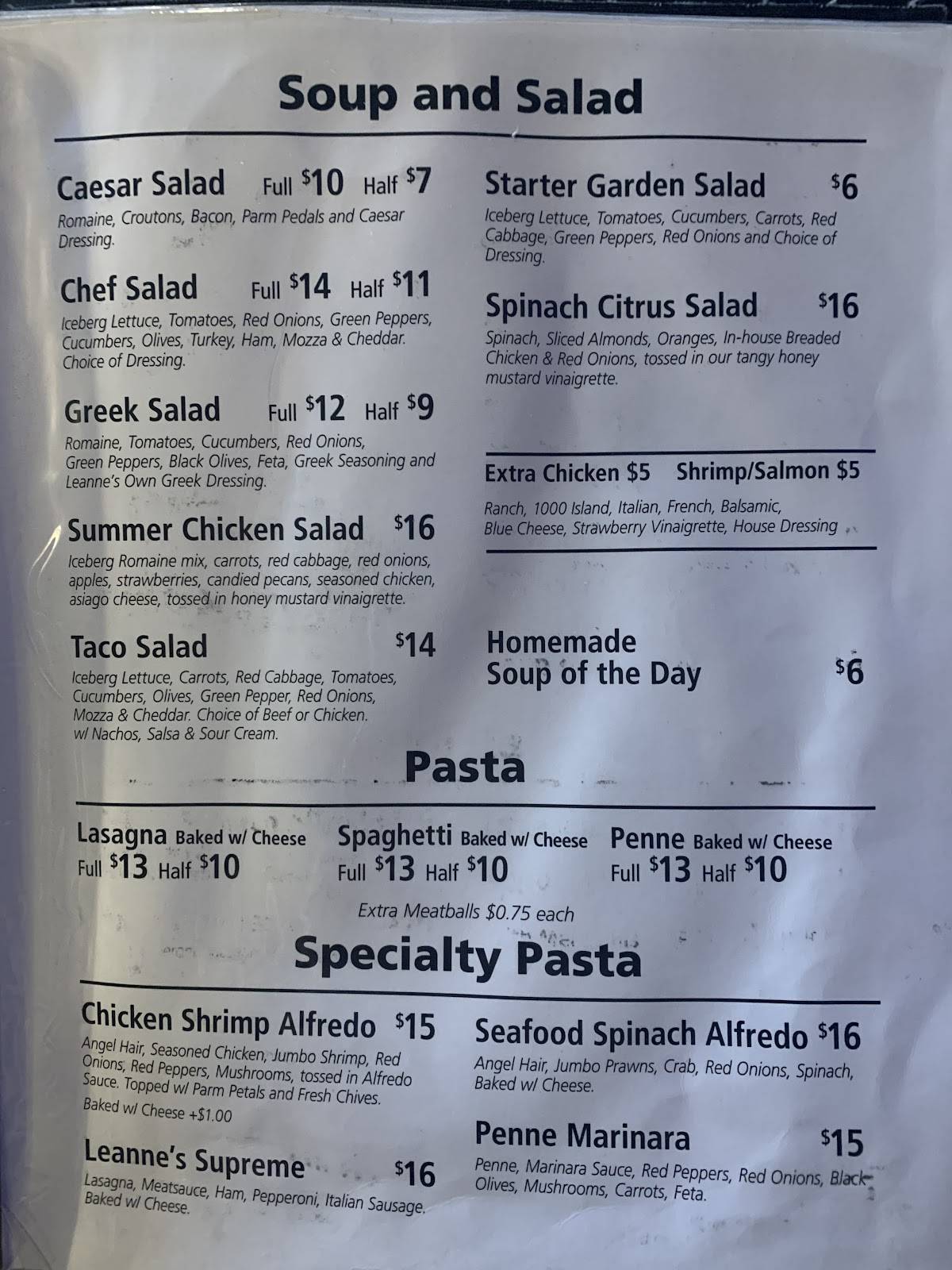 Menu at Leanne's Bar & Grill, Millet