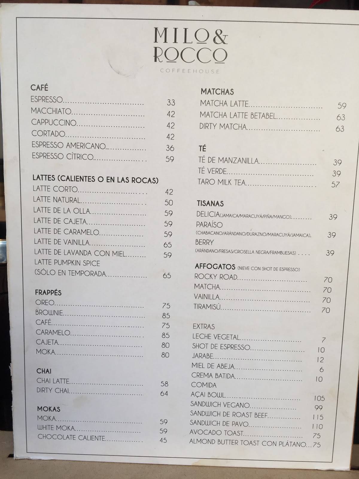 Carta del café Milo & Rocco: Coffeehouse, Tijuana