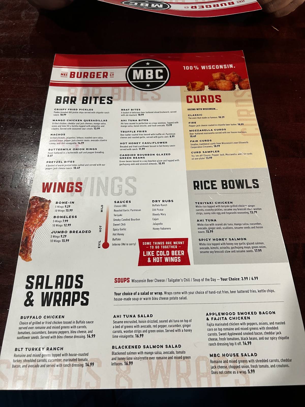 Menu at Milwaukee Burger Company restaurant, Hudson
