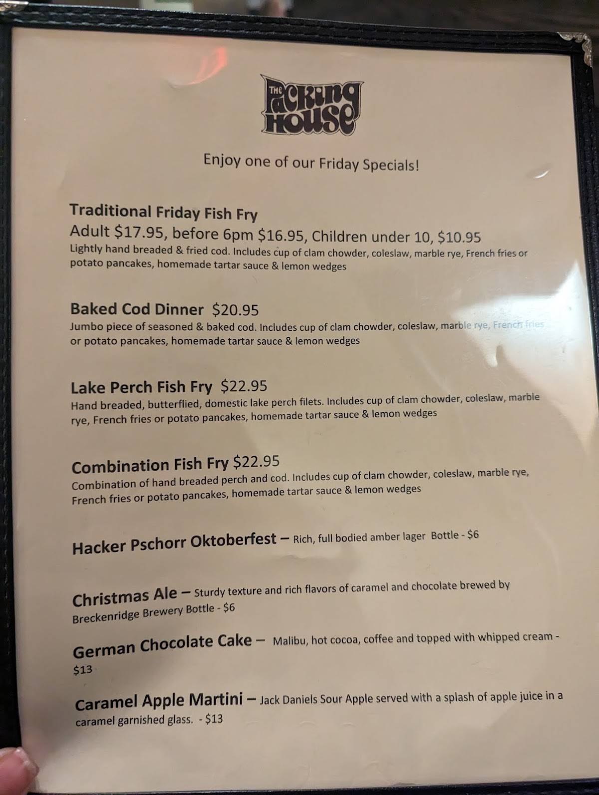 Menu at The Packing House steakhouse, Milwaukee