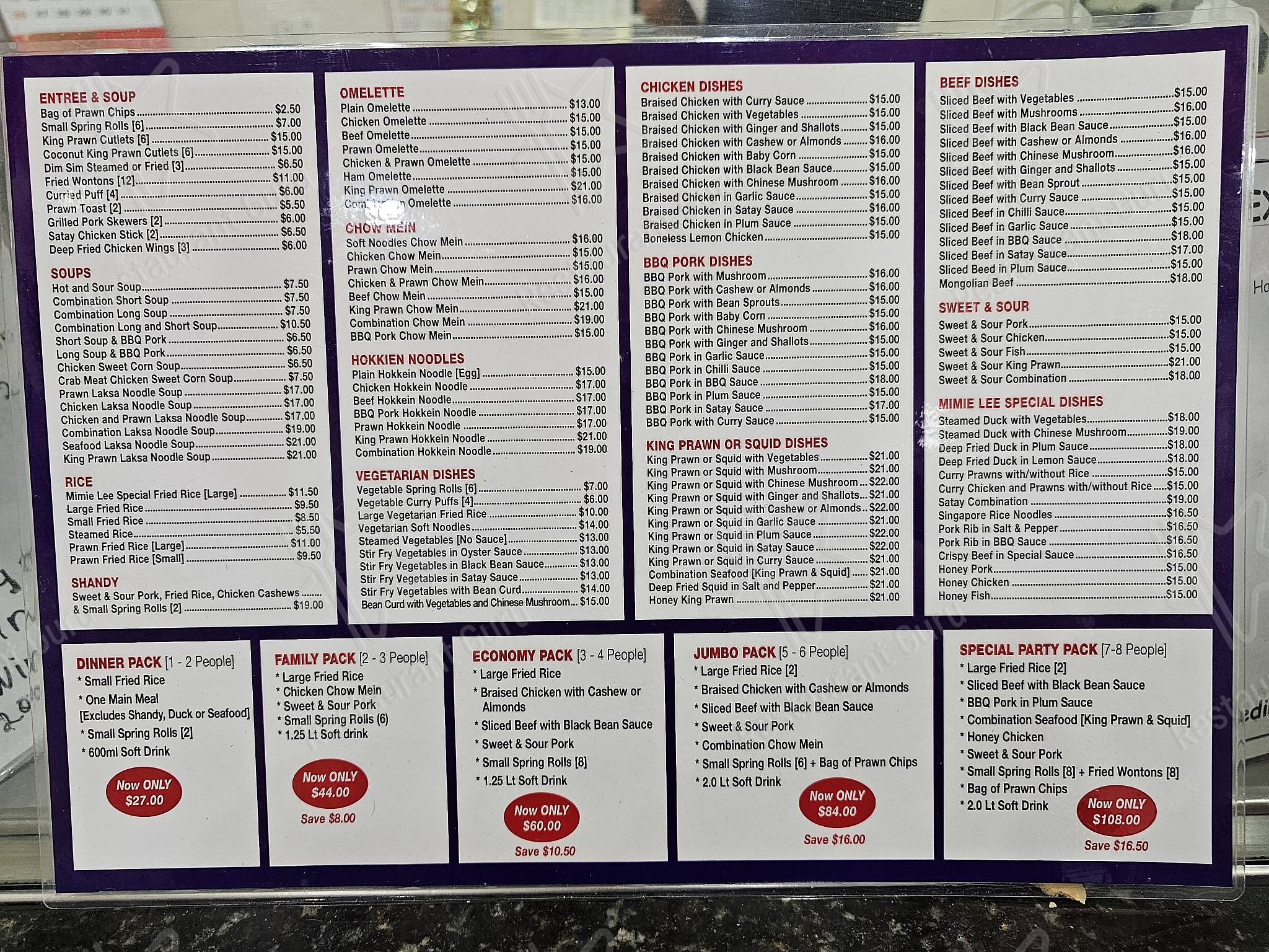 Menu at Mimie Lee fast food, Brassall
