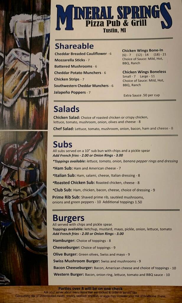 Menu at Mineral Springs Pizza Pub & Grill, Tustin, Mackinaw Trail
