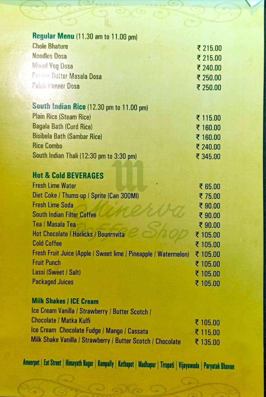 Menu at Minerva Coffee Shop Kothapet, Hyderabad
