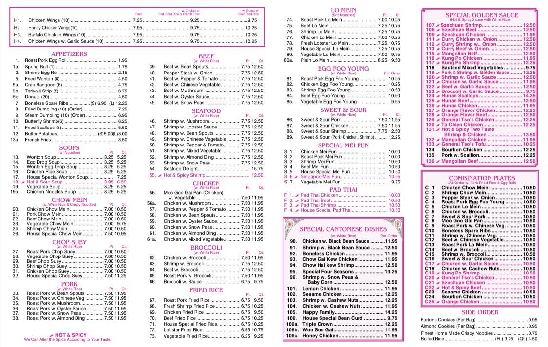 Menu at Ming Hing restaurant, Orrville