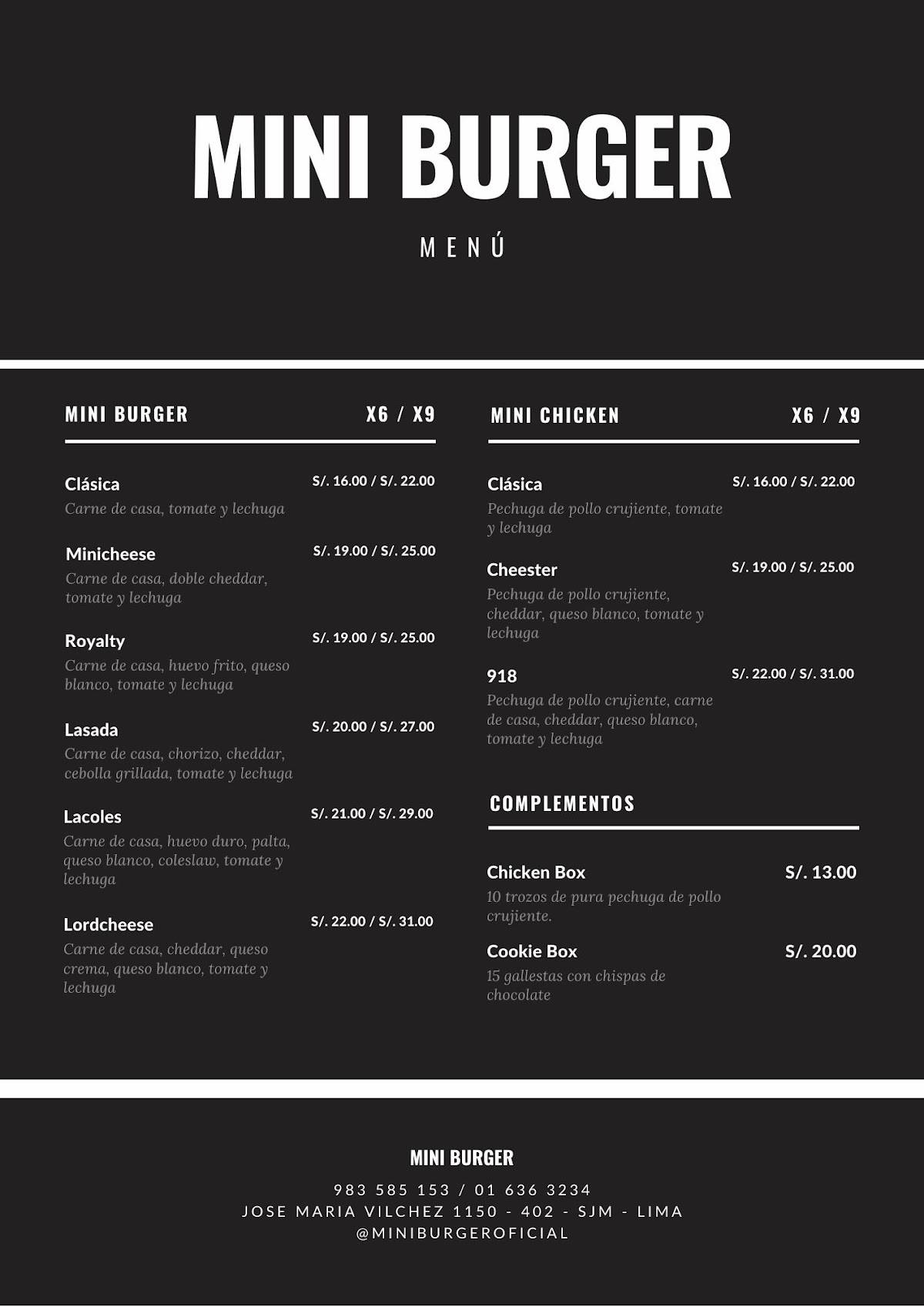 Carta del restaurante Mini Burger, San Juan del Miraflores
